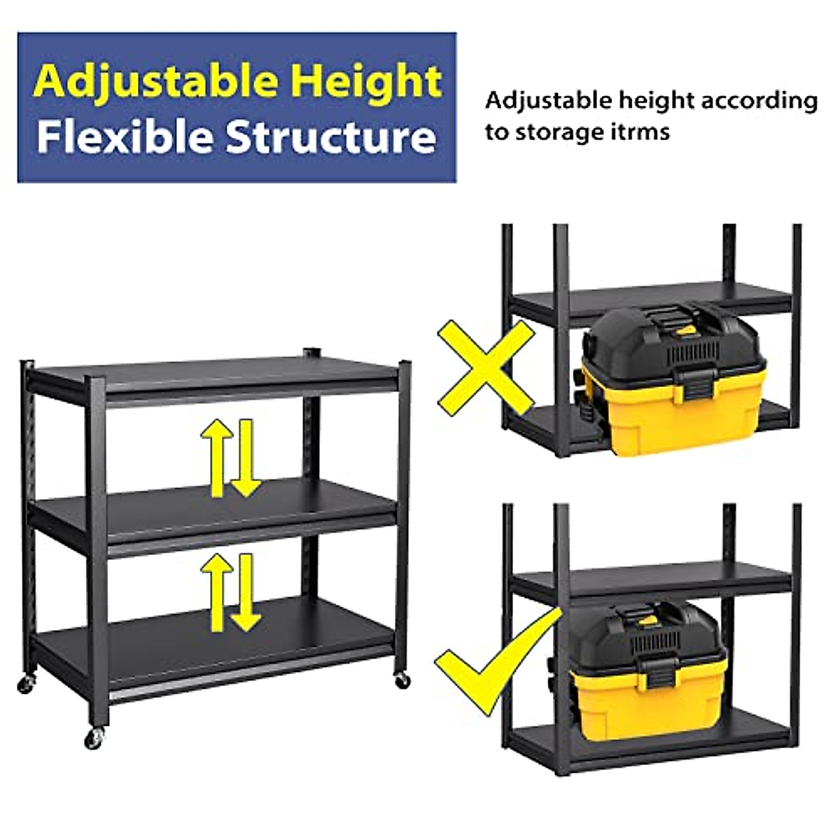 3 Tier Metal Storage Racks with Wheels, Mobile Garage Shelves Unit 17.7" D x 33.9" W x 31.5" H, Rolling Kitchen Racks, for Garage Pantry Home Office