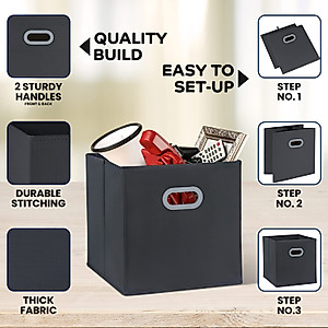 Pomatree 13x13x13 Storage Cube Bins - 6 Pack | Large and Sturdy, Dual Plastic Handles | Cube Storage Bins | Foldable, Closet and Storage Fabric Bin Baskets | Home and Office Organizers (Dark Grey)