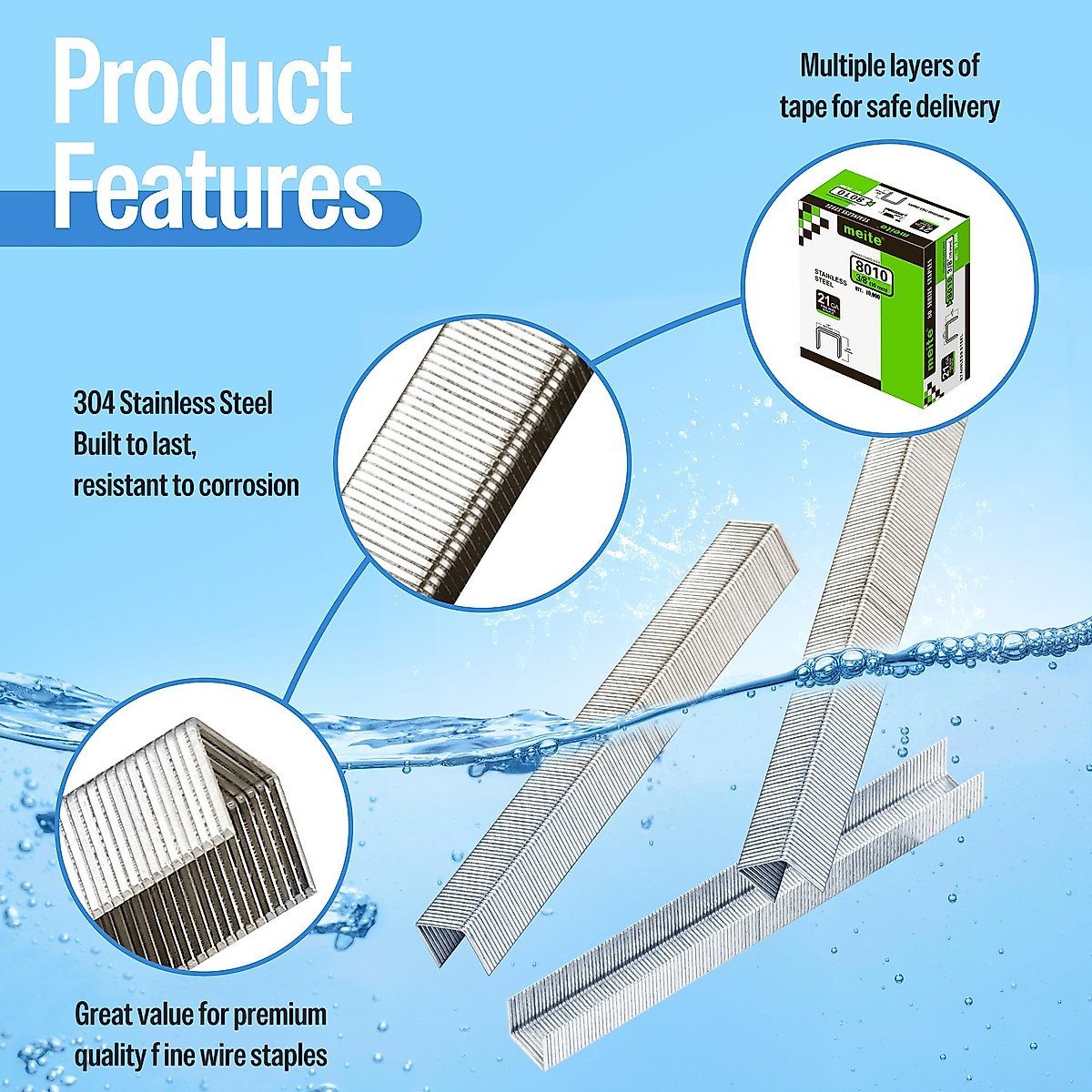 meite 21 Gauge 1/2-inch Crown Stainless Steel Upholstery Staples with 3/8-inch Leg Compatible with Fasco/80 Series Staples 10,000 PCS (1 Box)