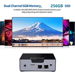AWOW Mini PC Intel Celeron J3455 6GB DDR4, 256GB SSD, Mini Desktop Computer, AK34 Micro PC, Windows 10 Pro, Quad Core, Dual Gigabit Ethernet NIC, Dual HDMI, 5X USB3.0, 4K UHD, Bluetooth