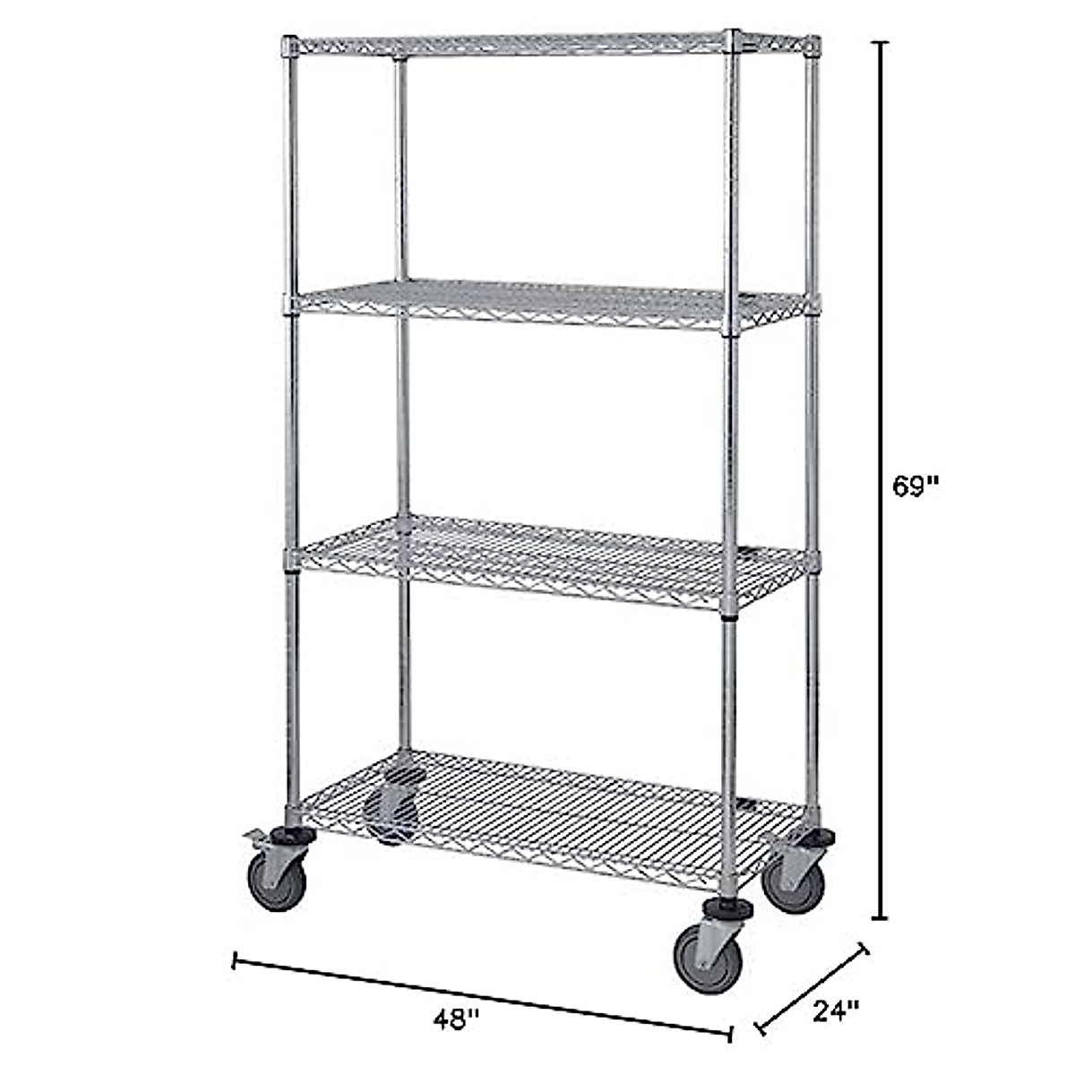 Quantum Storage Systems M2448C46 4-Tier Wire Shelving Mobile Cart with 5" Stem Casters, 4 Wire Shelves, Chrome Finish, 69" Height x 48" Width x 24" Depth