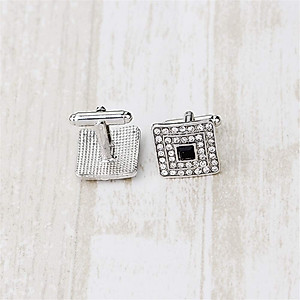 Black and Silver Gold Concentric Diamond Clear Crystal Dust Cufflinks, AILUOR Tuxedo Shirt Cufflinks French Style Shirt Studs (Silver)