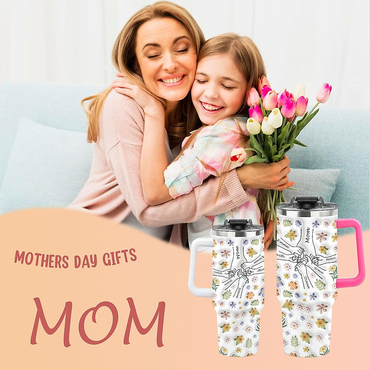 Personalized Mothers Day Birthday Gifts for Mom Nana Grandma, Custom You Hold Our Hands Also Our Hearts 2D 41oz Tumbler with Name, Customized Mother's Day Gifts from Daughter Son Kid, Travel Cup