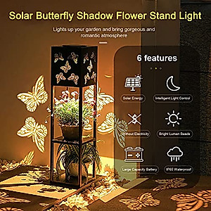 GCMacau Solar Garden Lights, Butterfly Hollow Out Projection 2 Tier Flower Stand Solar Lantern Decorative, Premium Metal 3500K LED Solar Landscape Lights Outdoor Waterproof for Patio Lawn Yard