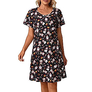 Tugege Women's Nightgown Short Sleeve Sleepshirts House Dress Sleepwear Casual Print Pajama (Christmas Snowman, Medium)