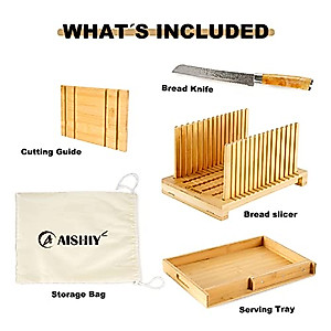 Bread Slicer for Homemade Bread, Adjustable Thickness and Width Slicing Guides, Plug in Slicer Guide Design, with Crumb Tray, Damascus steel pattern knife, for Cakes, Bagels