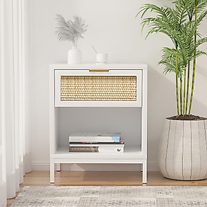 Anmytek White Nightstand with Rattan Decor Drawer, Mid Century Modern End Table with Open Storage, Farmhouse Night Stand, Small Side Table for Bedroom