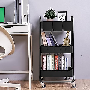 IAMFAN 3-Tier Metal Rolling Utility Cart,Storage Carts with Handle and Lockable Wheels,Art Cart Organizer,Craft Cart,Roller Cart for Office,Bedroom,Living Room,Kitchen,Bathroom,Black