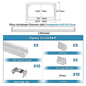 Muzata 5Pack 3.3FT/1M Plus-Size LED Channel System for Waterproof LED Strip up to 16mm Width Silver LED Strip Channel 18x13mm Clear Anti-UV Sun Protect Cover U103 WT