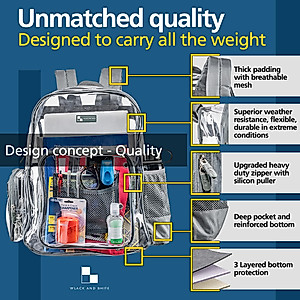 Heavy Duty Clear Backpack with Mesh Organizer, Clear Bookbag (Large, Black)