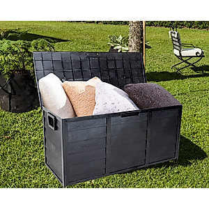 Fullwatt Deck Box, 77 Gallon Outdoor Storage Box Waterproof Deck Storage Container Box for Patio Cushions, Pool Accessories, Toys, Gardening Tools, Sports Equipment, Black