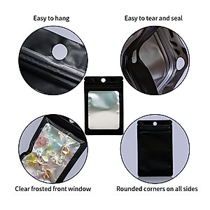Funnyleaf 100 Pieces Black Resealable Mylar Holographic Bags Food Storage Smell Proof Bags with Front Window Packaging Pouch for Cookies Sample Jewelry Snack,2.36 * 3.94 inches