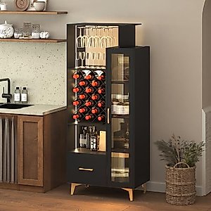Vlsrka LED Liquor Wine Cabinet, Wine Bar Cabinet with USB Port, Bar Cabinets for 18 Bottle Wine Rack and 3 Glass Holder, Tall Sideboard Buffet Storage Cabinet for Living, Dining Room, Black