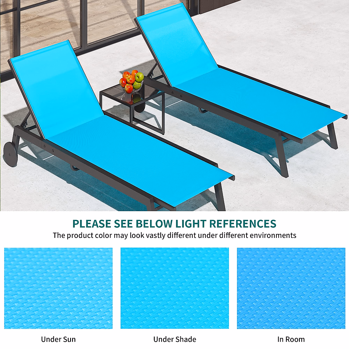 YITAHOME Patio Chaise Lounge Set of 3, Outdoor Lounge Chairs with Side Table, Adjustable Backrest Poolside Loungers with Wheels for Pool Beach Patio Lawn Porch - Blue