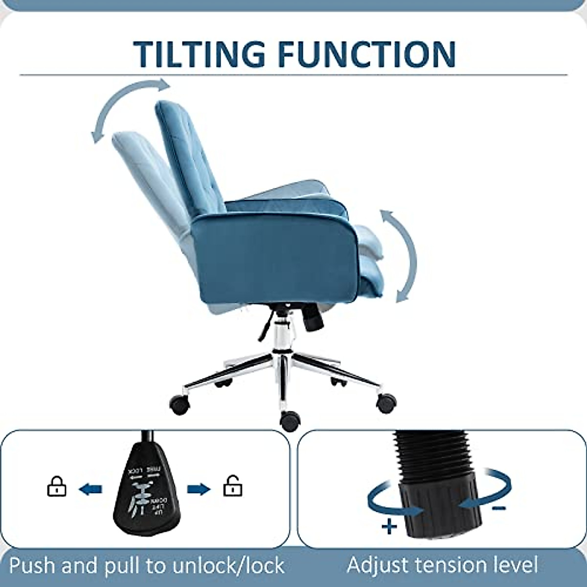 Vinsetto Modern Mid-Back Tufted Velvet Home Office Desk Chair with Adjustable Height, Swivel Adjustable Task Chair with Padded Armrests, Blue