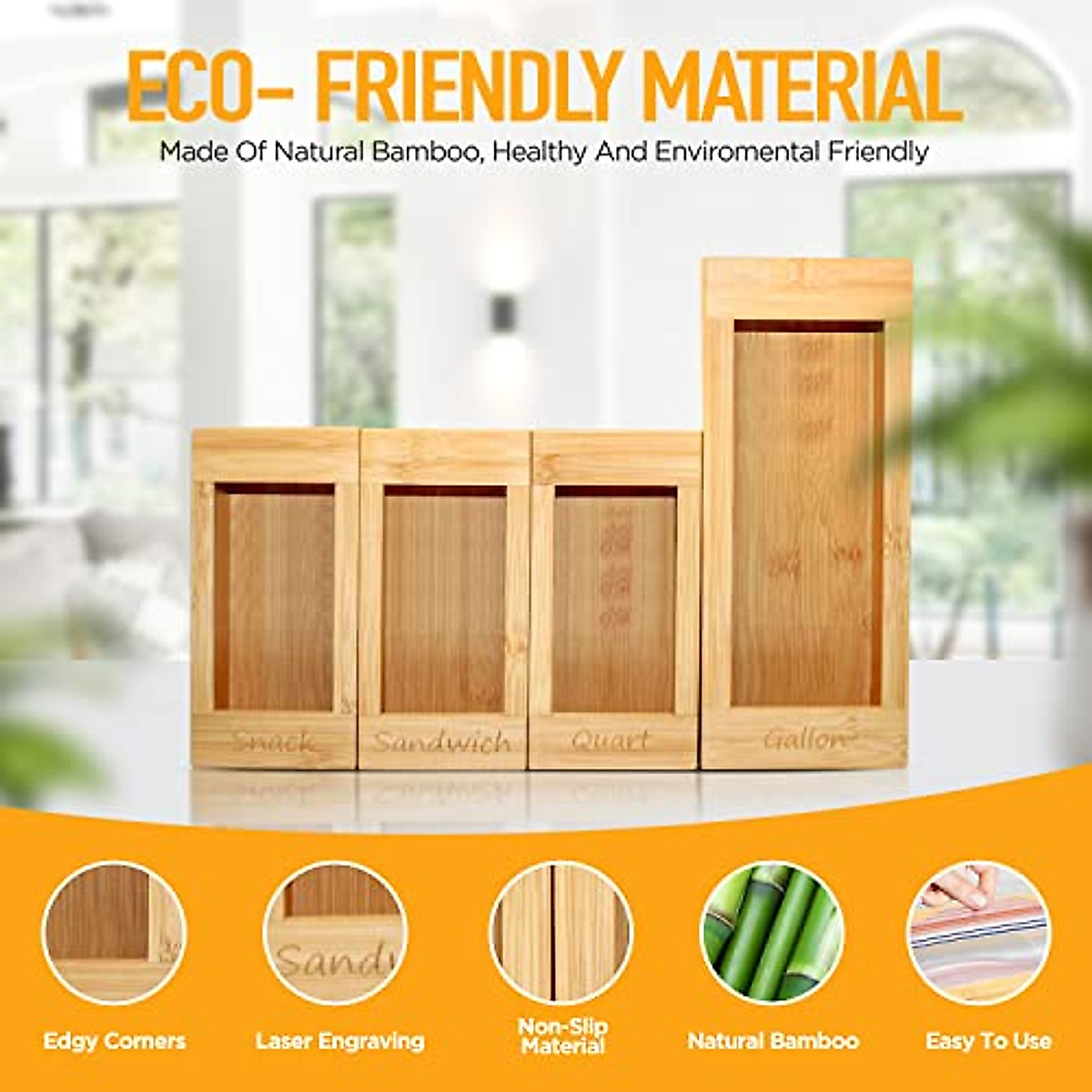 Store-Away Bamboo Ziplock Bag Organizer with Optional Non-Slip Backing - Fits Most Kitchen Drawers & Compatible with Gallon, Quart, Snack, & Sandwich Bags - 4-Pack