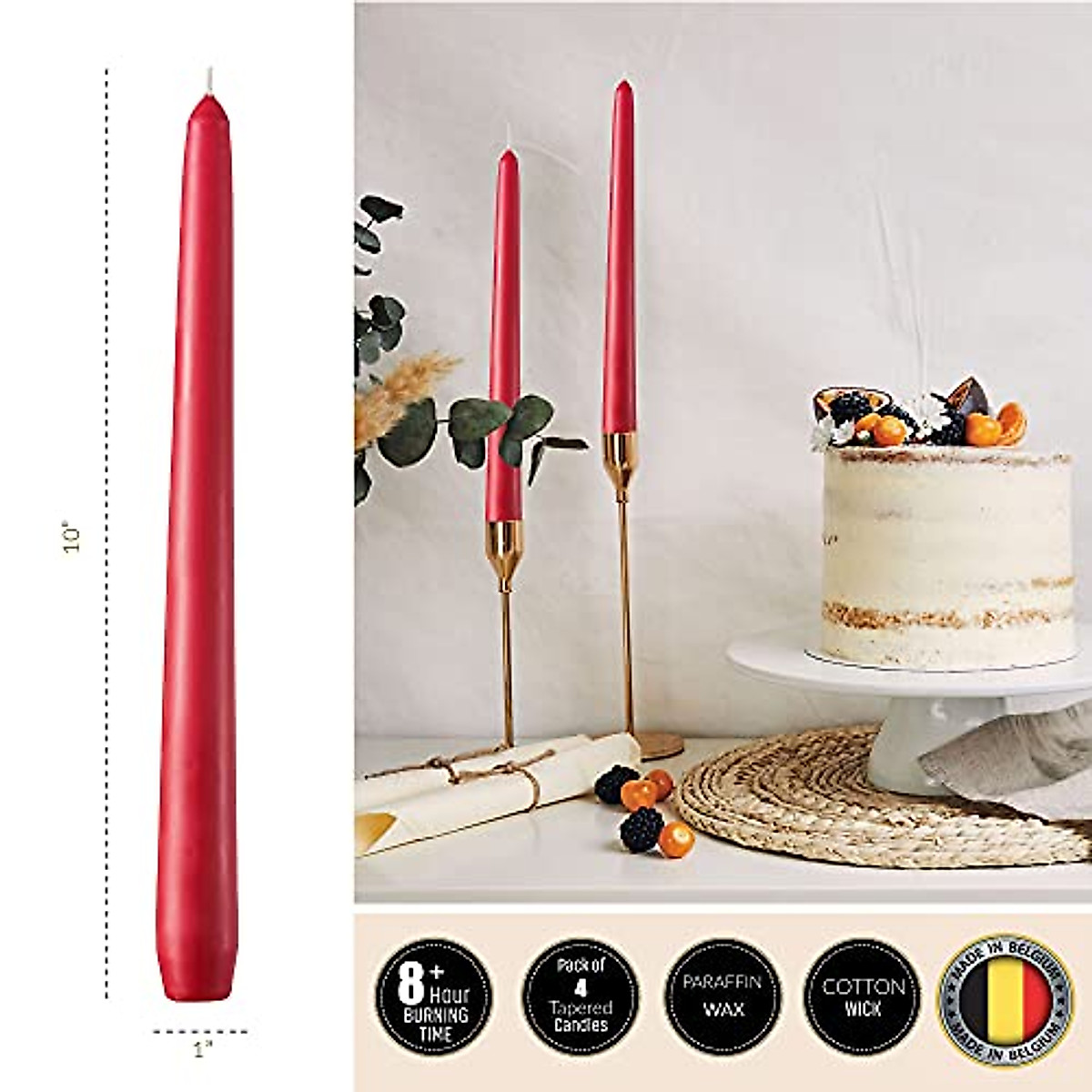 SPAAS Red Taper Candles - 4 Pack | 10 Inch Tall Candles, Scent-Free Premium Wax Candle Sticks | 8 Hour Long Burning Red Dinner Candles for Home Decoration, Wedding, Holiday and Parties