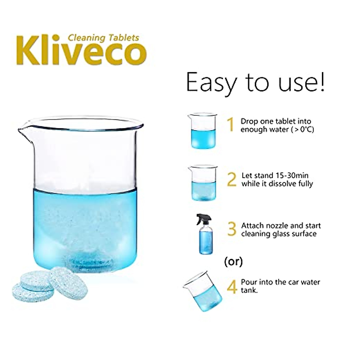 Kliveco 100PCS Car Windshield Washer Fluid concentrate Tablets,Windshield Wiper Fluid,1 Pack Makes 105 Gallons,1 Piece Makes 1.05 Gallons(Winter: Use With De-icer or Methanol)