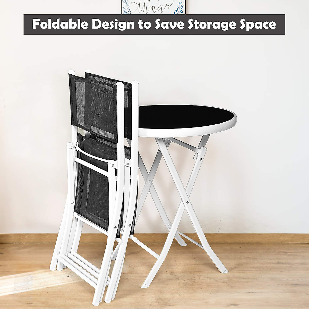 Tangkula 3 Pieces Folding Patio Bistro Set, No Assembly Required, Outdoor Folding Chairs & Table Set with Tempered Glass Tabletop, Outdoor Furniture Set for Garden, Poolside & Backyard (Black)