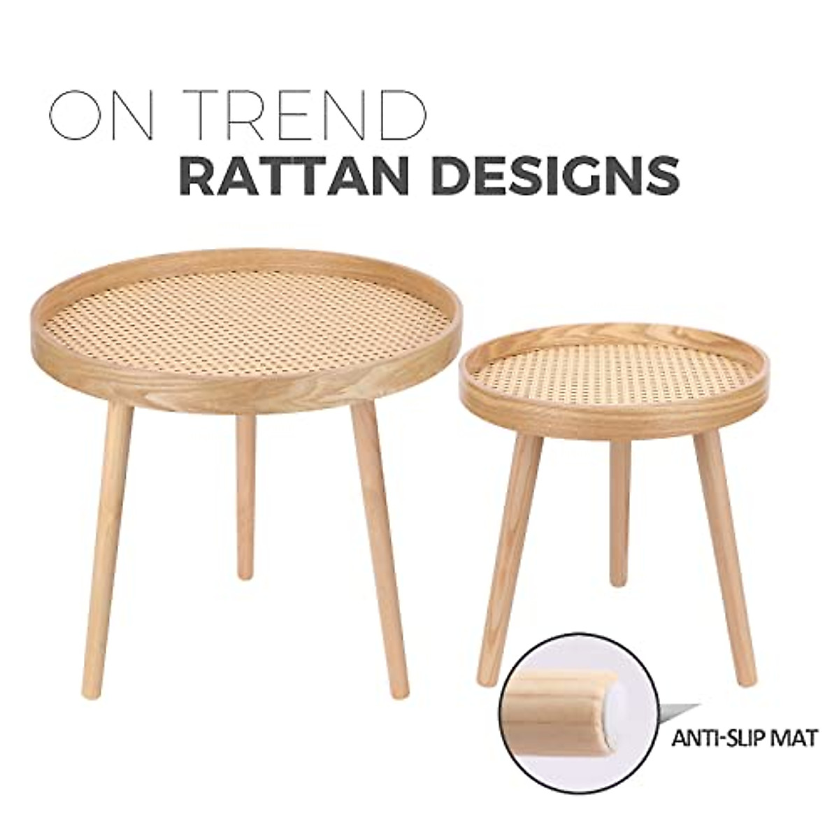 Round Coffee Table Set of 2, Natural Boho Coffee Table, Small Mid Century Modern Rattan Coffee Table, Boho Side Table End Tables for Living Room Bedroom Office Balcony