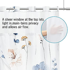 WITHLOC No Hook Shower Curtain with Snap in Liner - Watercolor Floral Shower Curtain - Fabric Waterproof Inner Liner, Plants Blue Beige Flowers White Cloth Shower Curtains Washable, 71 x 74 Inch