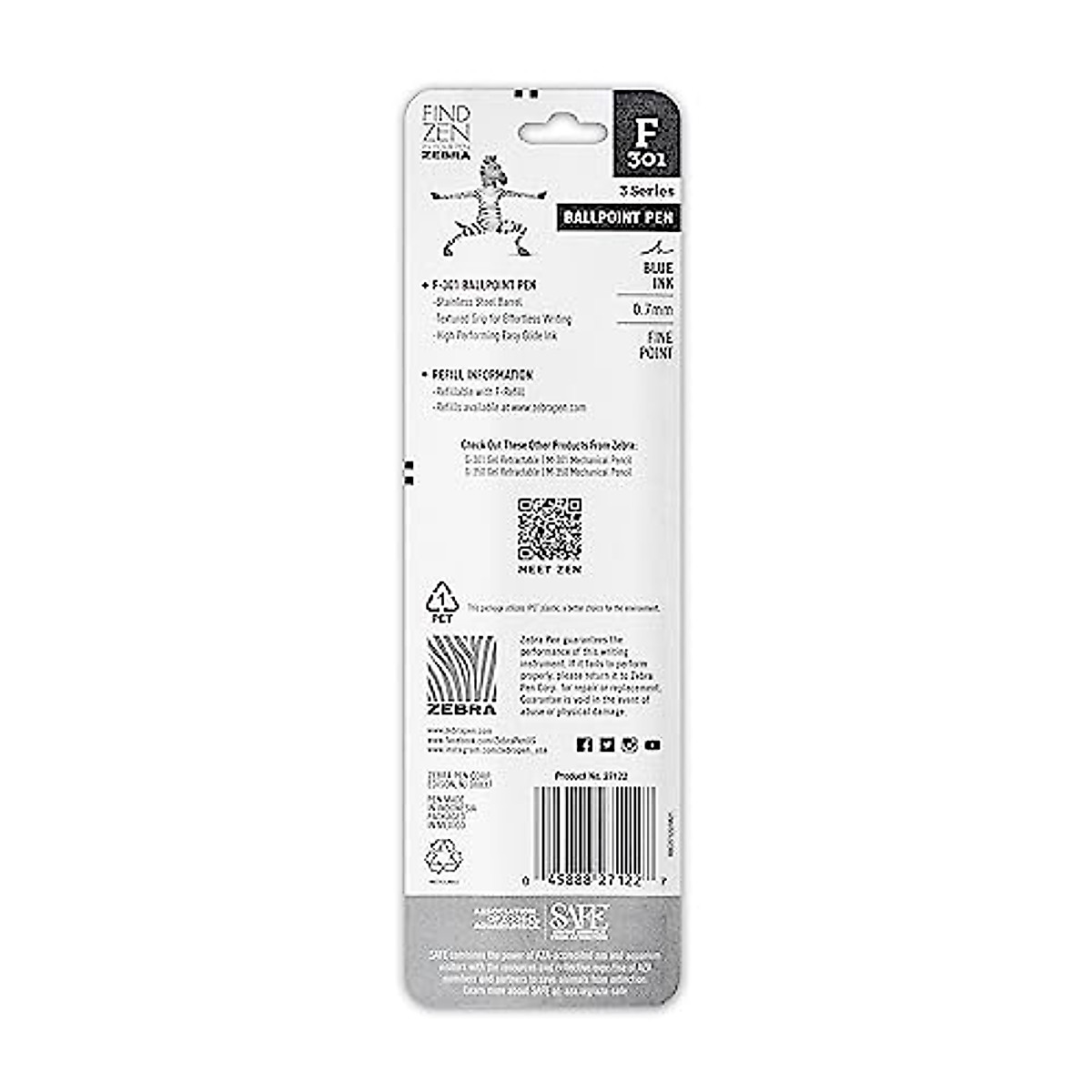 Zebra Pen F-301 Retractable Ballpoint Pen, Stainless Steel Barrel, Fine Point, 0.7mm, Blue Ink, 2-Pack