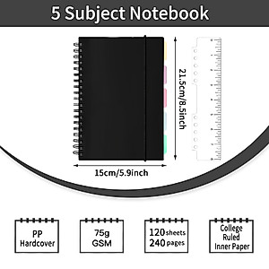 EOOUT A5 Subject Spiral Notebooks with Tabs, 8.3 x 5.5 Inches, Notebooks for Work, 5 Colored Dividers, Spiral Lined, 240 Pages, for School, Office Supplies and Home