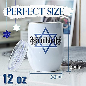 Onebttl Hanukkah Gifts Wine Tumbler for Women Men, Hannukah Gifts 12oz Stainless Steel Coffee Cup with Lids, Gift for Chanukah Jewish Holiday for Friends, Coworkers - Celebrate