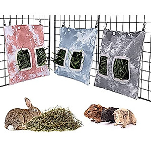 LeerKing Rabbit Hay Feeder Bag, Hanging Canvas Hay Feeder Guinea Pig with Clips, Hay Holder Bag for Rabbits Bunny Guinea Pig and Other Small Animals