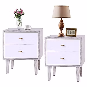 kinbor Modern Nightstand Set of 2, Side End Table Bedside Tables with 2 Storage Drawers and Solid Wood Legs, Night Stands for Bedroom Living Room, Gray/White