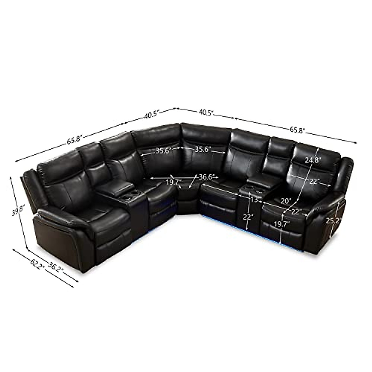 Elountik Symmetrical Power Reclining Sectional Sofa with LED Strip, Storage Console, Cup Holders with Built-in USB Charging Port; Home Theater Power Reclining Sofa Couch (Power Reclining Black)