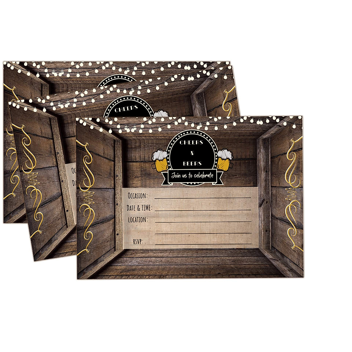 Elcer Cheers and Beers Birthday Country Rustic Fill In Set of 20 Invitations & envelopes 30 years 40 years 50 years Adult party All occasion Fill in invites