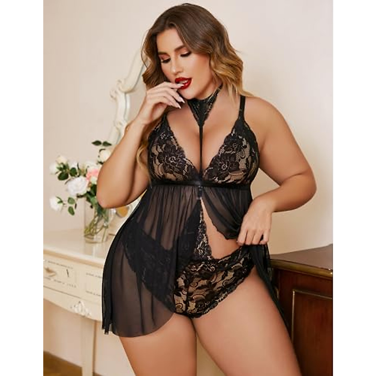 Avidlove Black Plus Size Lingerie Sexy Lace Nighty Mesh V Neck Chemise X-Large