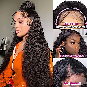 HD Lace Front Wig Human Hair Deep Wave Wigs For Black Women 180% Density 13x4 Water Curly Lace Frontal Wigs Glueless Human Hair Pre plucked with Baby Hair Brazilian Wet n Wavy Lace Closure Wig 28inch