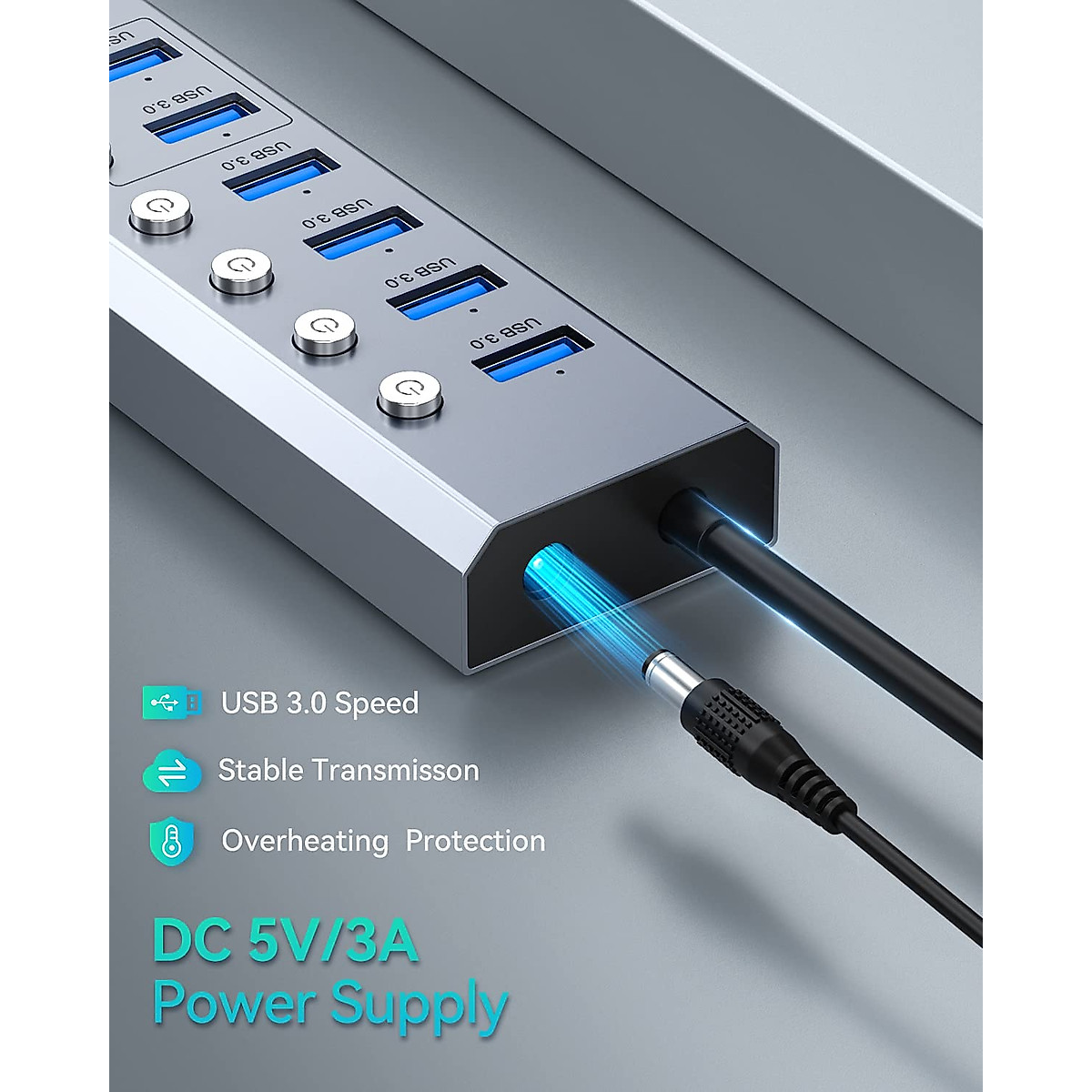 Powered USB 3.0 Hub, Elecife 8-Port Powered USB Hub, Aluminum USB Splitter with 6 USB 3.0 Data Ports, SD/TF Card Readers, Individual On/Off Power Switches and 5V/3A Power Adapter (42 inch)