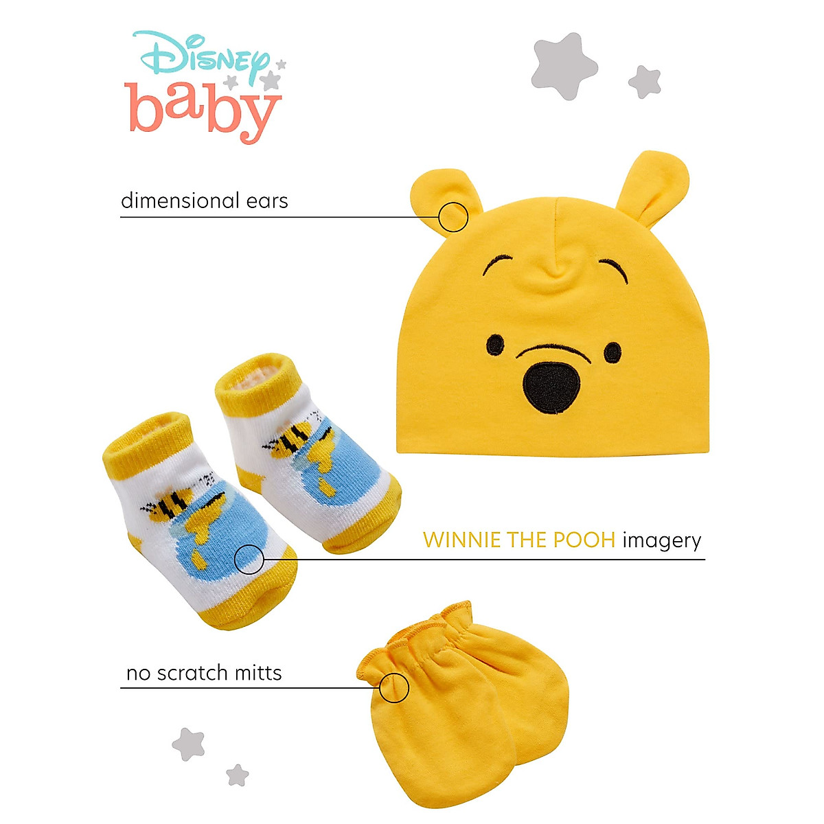 Disney Newborn Baby Boys’ Take Me Home Layette Gift Set: 3D Ear Hat, Socks and Mitten: Mickey Mouse, Winnie The Pooh, Size Age 0-3M, Pooh Bear