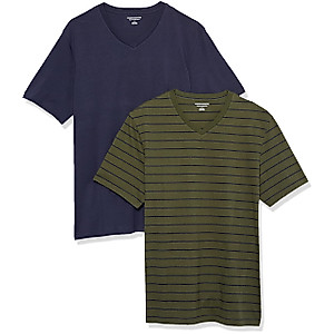 Amazon Essentials 100% Cotton T Shirts For Men, Regular-Fit Short-Sleeve V-Neck, Pack of 2, Available in Big & Tall, Navy/Olive/Stripe, 4X-Large Big Tall
