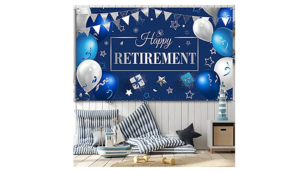 Retirement Party Decorations - Large Fabric Sign Banner in Blue & Silver