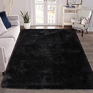 Zacoo 9x12 Extra Large Area Rugs for Living Room,Super Soft Fluffy Modern Bedroom Carpet Rug Indoor Modern Plush Shaggy Floorcover Fuzzy Solid Home Decor Rug Non Slip Throw Rug Kids Room Nursery,Black