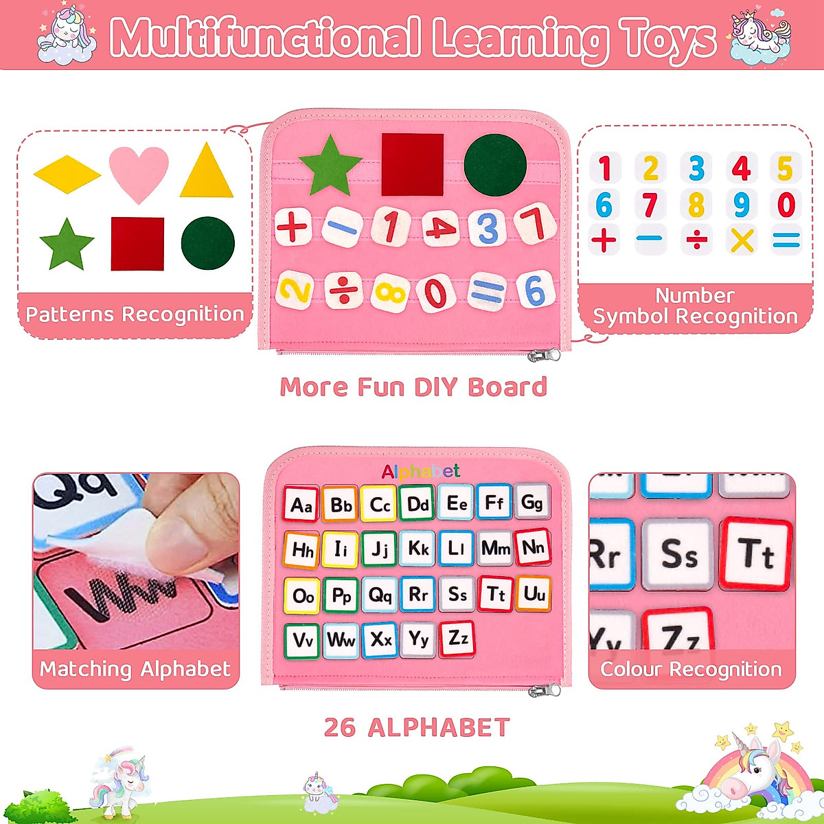 SPLAKS Toddler Busy Board with DIY Page, 20 in 1 Montessori Toys Sensory Activity Toys Preschool Educational Toys to Learn Basic Skills, for Airplane Car Travel (Pink)