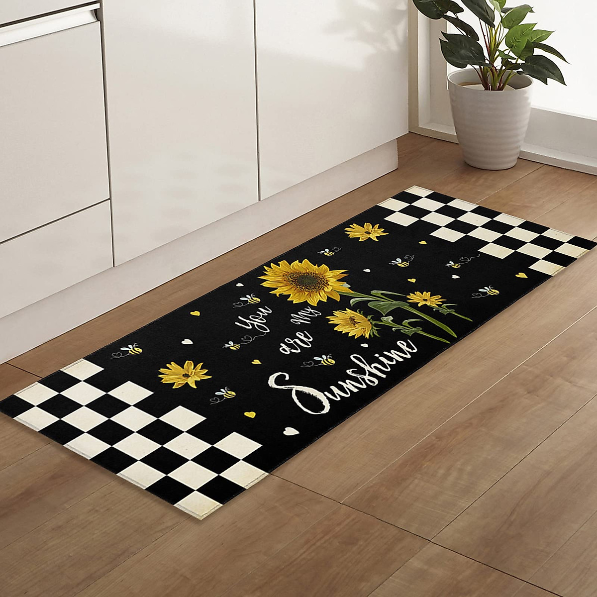 Kitchen Rugs Area Runner for Hallways Fall Sunflower Checker Black Back Non-Slip Accent Carpet Indoor Floor Long Doormat Farm Floral Bumblebee Sunshine Quotes Laundry Room Rug Entryway Runners