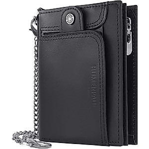 HUMERPAUL Chain Wallet for Men, Genuine Leather Bifold Wallets Rfid Blocking Men Purse with Zipper Coin Pocket (Black)