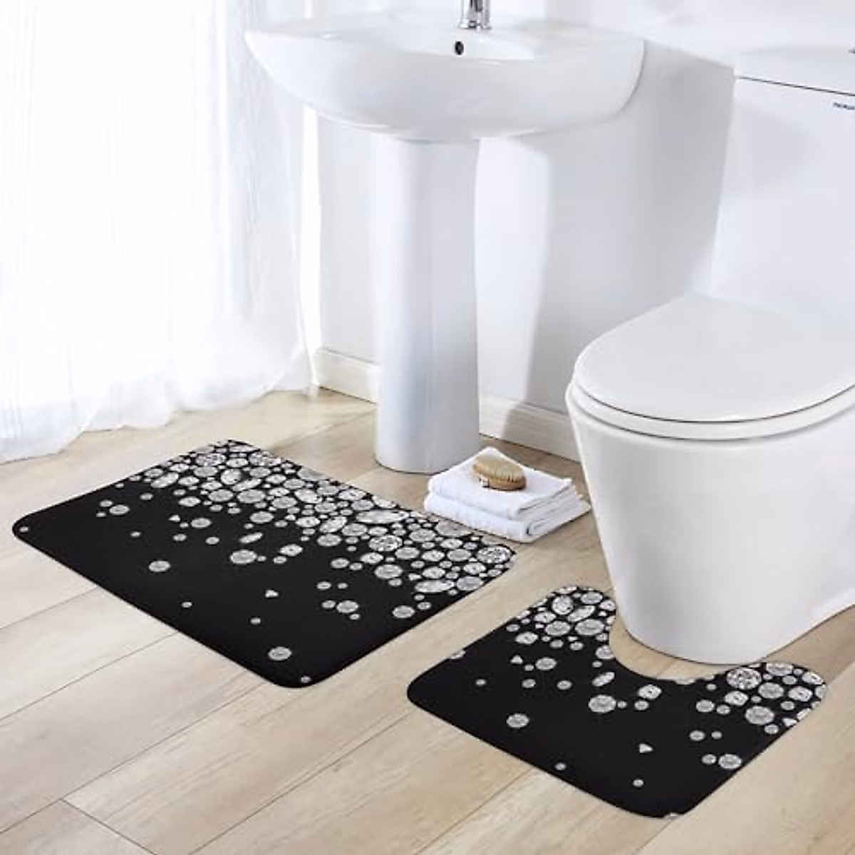 Bathroom Rug Set 2 Piece Diamonds Black Bath Rugs and U-Shaped Contour Toilet Rug, Non-Slip Bath Carpet Bath Mats for Bathroom 15.7"x23.6"