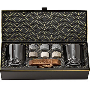 Whiskey Chilling Stones Gift Set - 6 Handcrafted Premium Granite Round Sipping Rocks - 2 Crystal Glass Tumblers - Hardwood Presentation & Storage Tray - Elegant Gold Foil Gift Box by R.O.C.K.S.