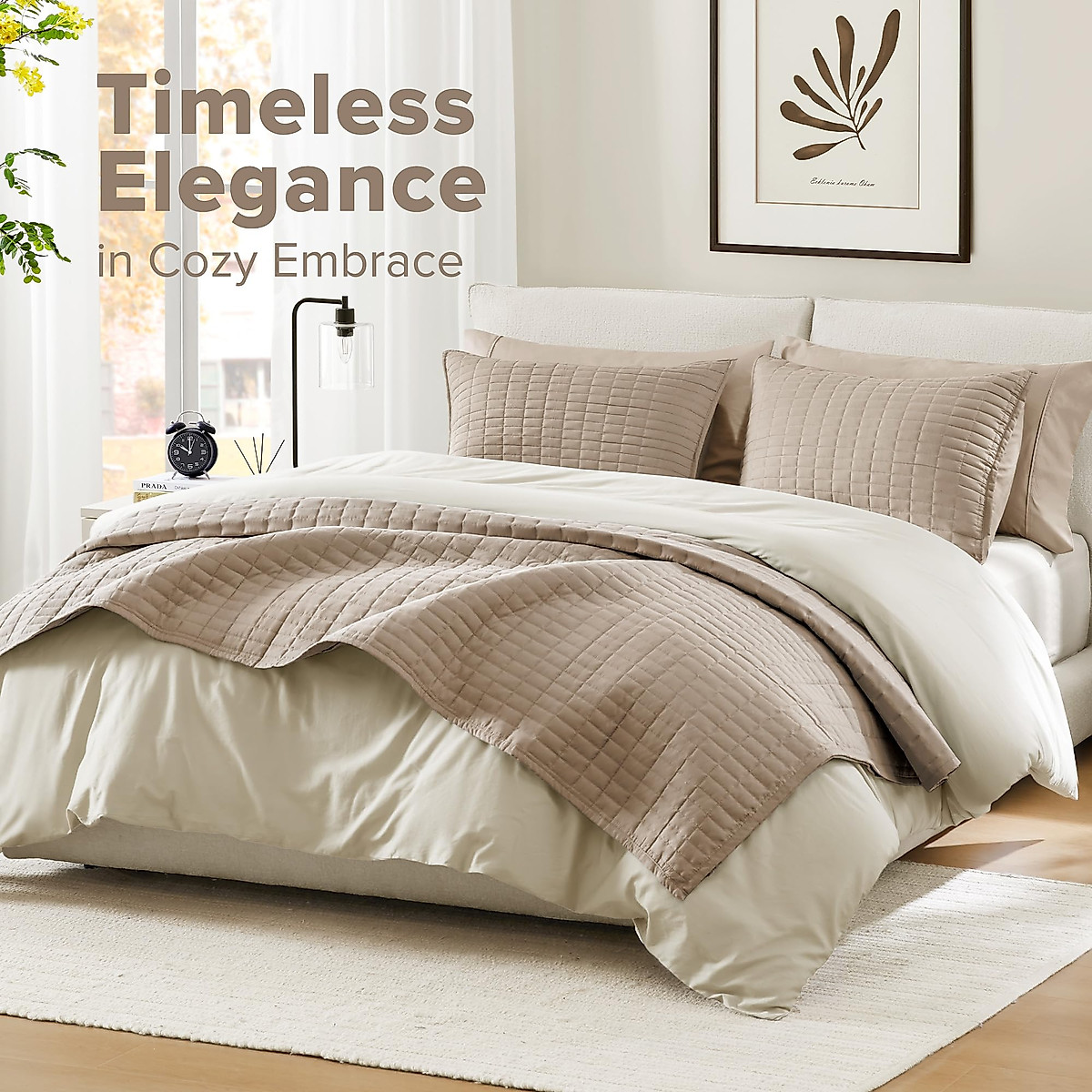 Comfort Spaces Kienna Quilt Set-Luxury Double Sided Stitching Design Summer Blanket, Lightweight, Soft, All Season Bedding Layer, Matching Sham, Taupe, Coverlet Full/Queen(90"x90") 3 Piece