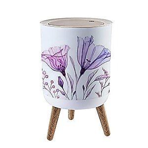 Round Trash Can with Press Lid Floral artwork purple Watercolor Hand painted bouquet transparent Small Garbage Can Trash Bin Dog-proof Trash Can Wooden Legs Waste Bin Wastebasket 7L/1.8 Gallon