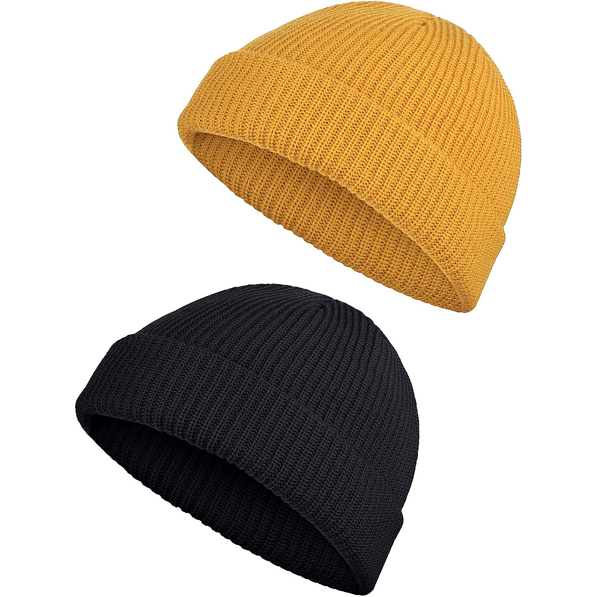SATINIOR 2 Pieces Winter Short Fisherman Beanie Hat Trawler Beanie Watch Hat Edge Skullcap for Men (Black and Yellow)