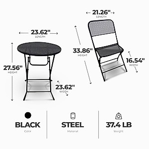 Four Seasons Courtyard Padova 3 Piece Bistro Outdoor Backyard Dining Set with 2 Folding Chairs and Round Table Furniture for Patios or Decks, Black