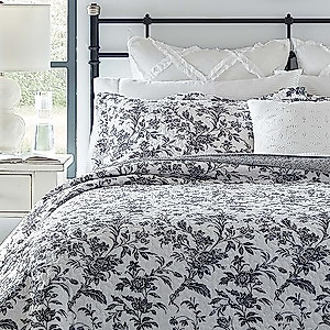 Laura Ashley Quilts Cotton Reversible Bedding with Matching Shams, Floral Home Decor for All Seasons, King, Amberley Black/White