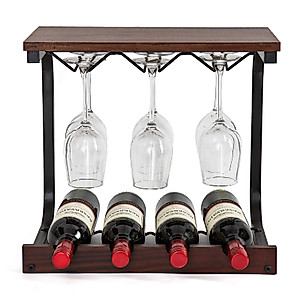 SODUKU Wine Rack Wall Mounted Handmade Metal & Wood Wine Countertop Rack Wine Storage Shelf with 4 Bottle Cages & 6 Long Stem Glass Holder Walnut